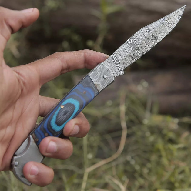 Hand-Forged Damascus Steel EDC Folding Pocket Knife – Blue Edition Gift ...