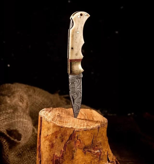 Handmade Damascus Steel EDC Folding Pocket Knife | Camel Bone Handle W | TNZ Knives
